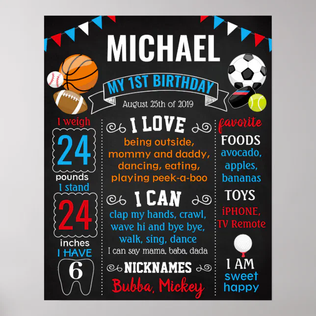 All Sport Balls First Birthday chalkboard Poster | Zazzle