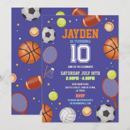 All Sports Blue Birthday Party Football Soccer Invitation | Zazzle