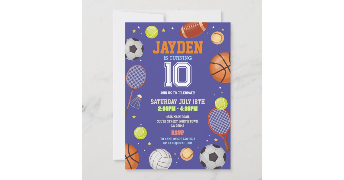 All Sports Blue Birthday Party Football Soccer Invitation | Zazzle