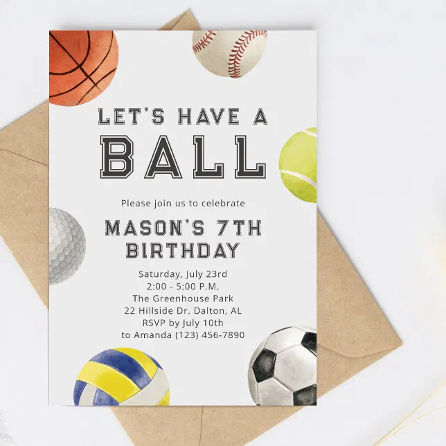 All Sports Let's Have a Ball Modern Boy Birthday Invitation | Zazzle