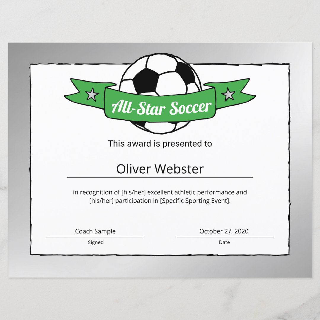 All-Star Soccer Player Award Soccer Certificate | Zazzle