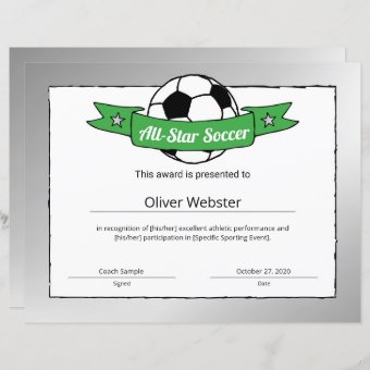 All-Star Soccer Player Award Soccer Certificate | Zazzle