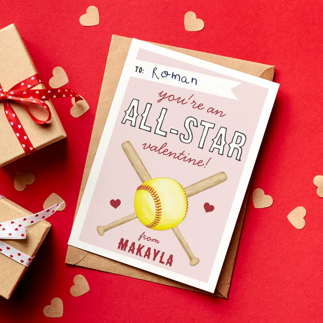 All-Star Softball Classroom Valentines Day Card | Zazzle