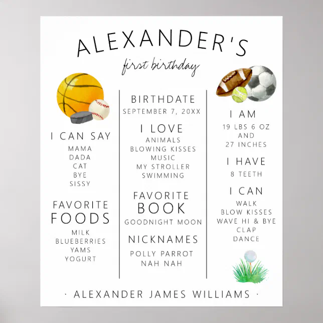 All Star Sports First Birthday Milestone Poster | Zazzle