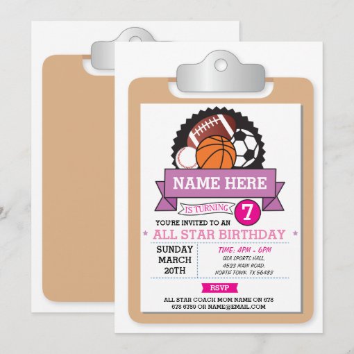 All Star Sports Party Pink Girls Birthday Invite | Zazzle