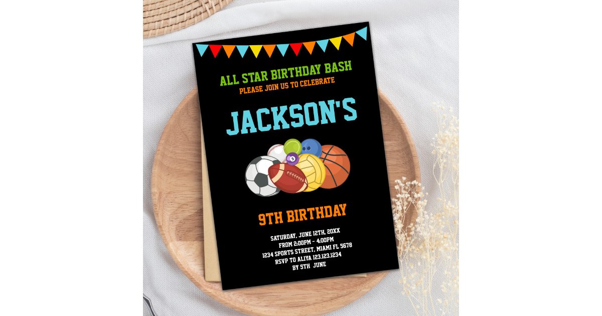 All Stars Black Sports Party Birthday Invitations | Zazzle