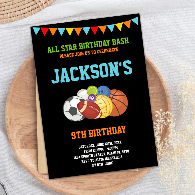 All Stars Black Sports Party Birthday Invitations | Zazzle
