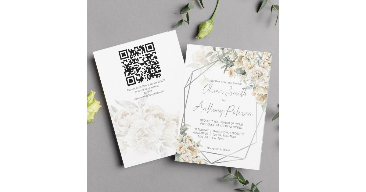 All white silver frame white floral wedding invitation | Zazzle