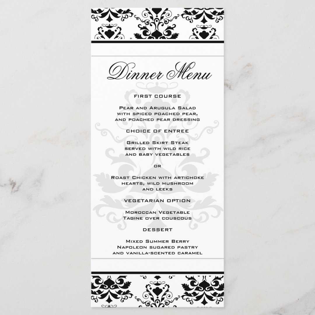 All White with Black Damask Slim Dinner Menu | Zazzle
