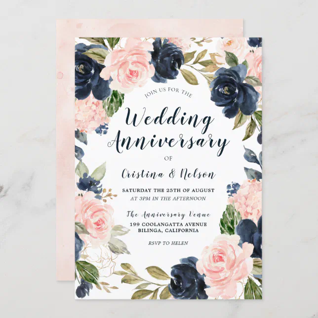 All Years Wedding Anniversary Blush Pink Navy Blue Invitation | Zazzle