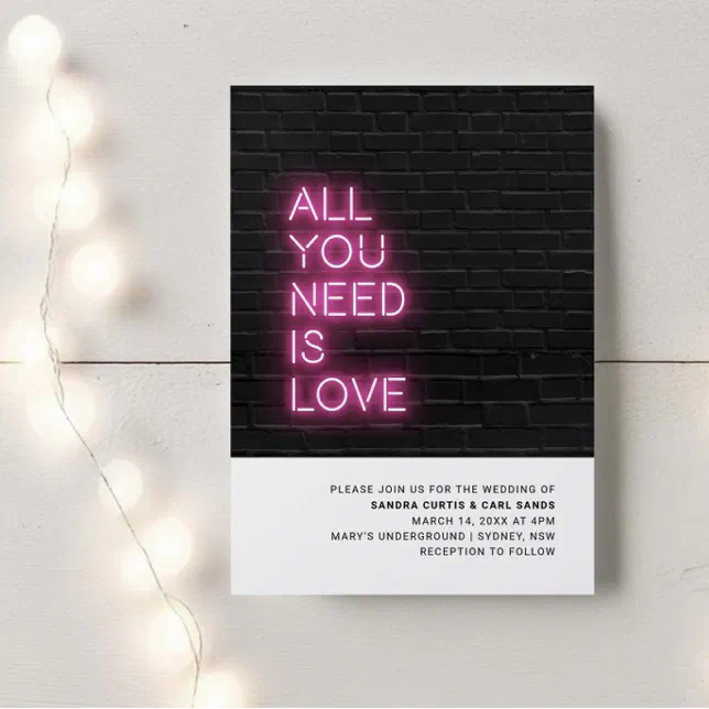All you need is love Neon Glow Light Wedding Invit Invitation | Zazzle