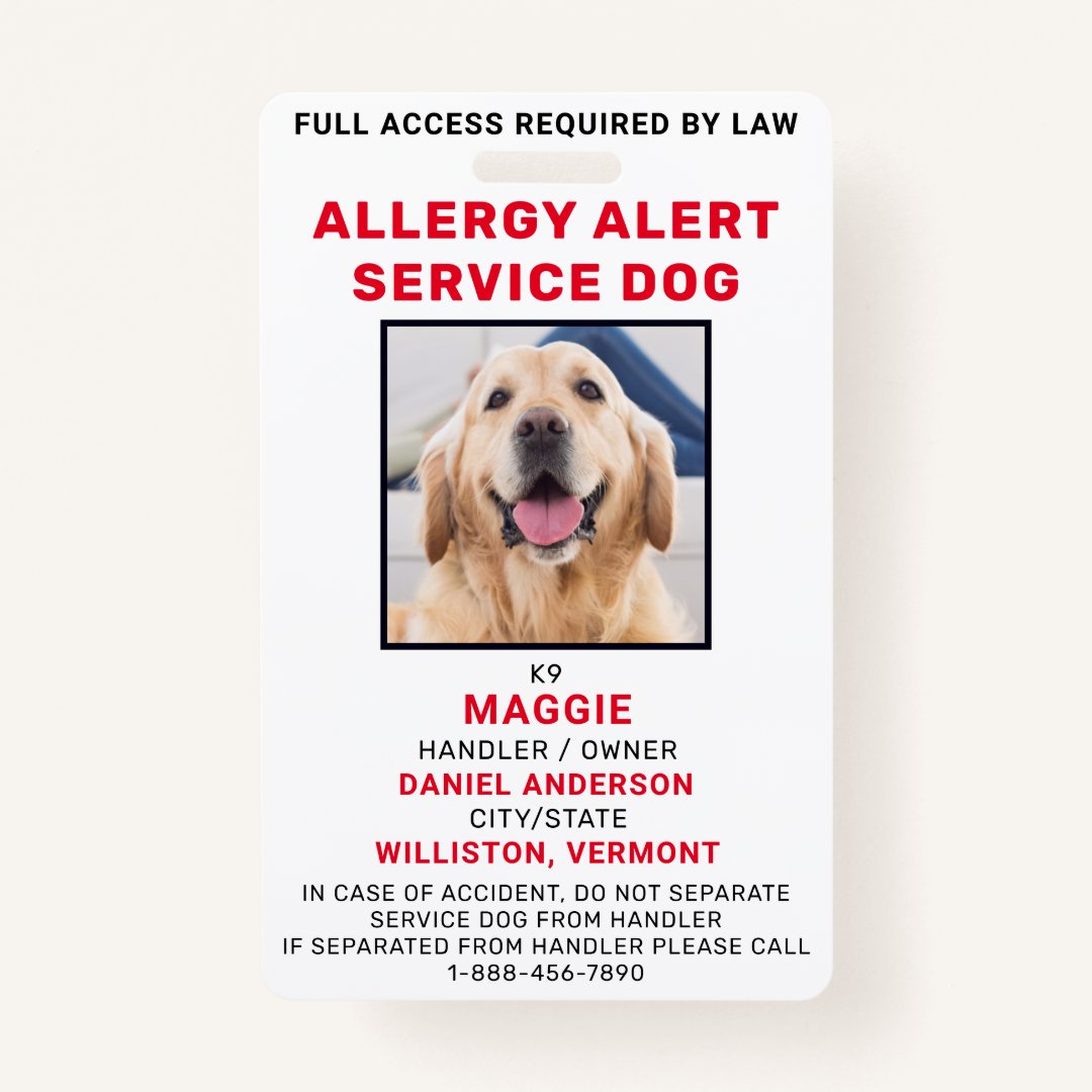 Allergy Alert Service Dog Photo ID Badge | Zazzle