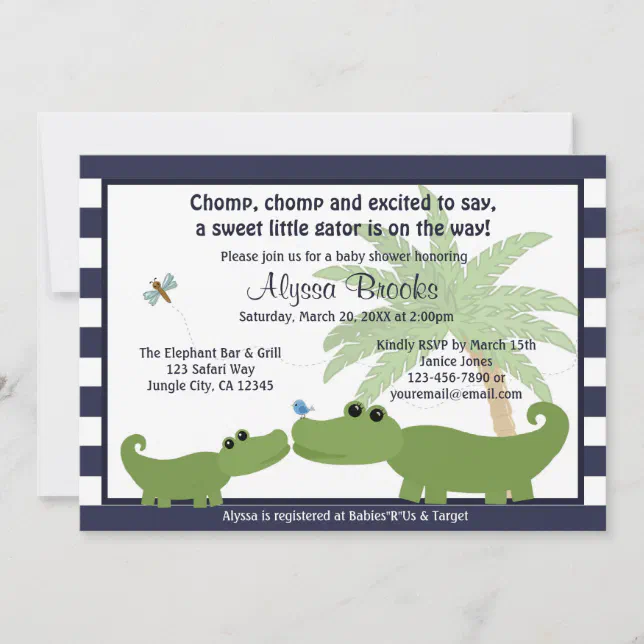 Alligator Blue striped baby shower invitation AMP | Zazzle