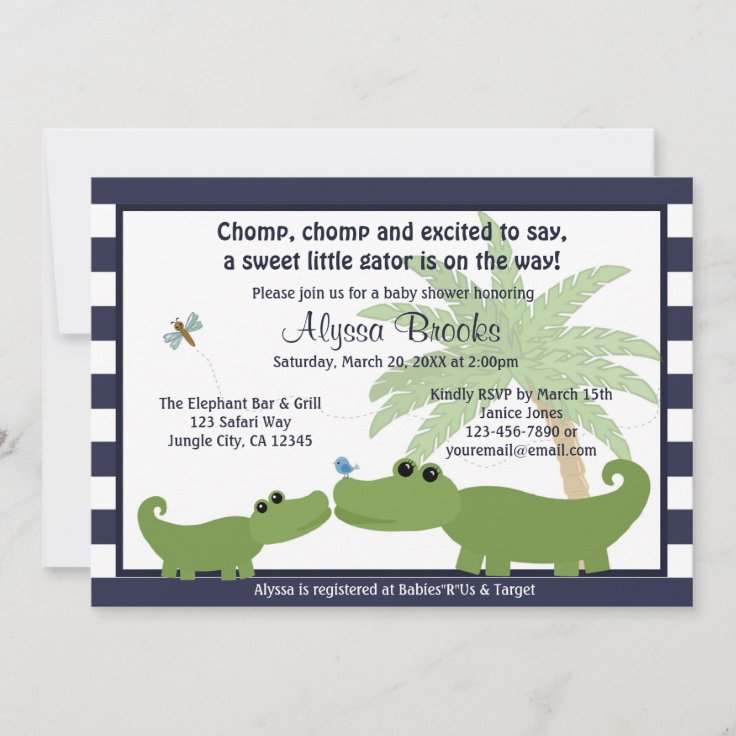 Alligator Blue striped baby shower invitation AMP | Zazzle