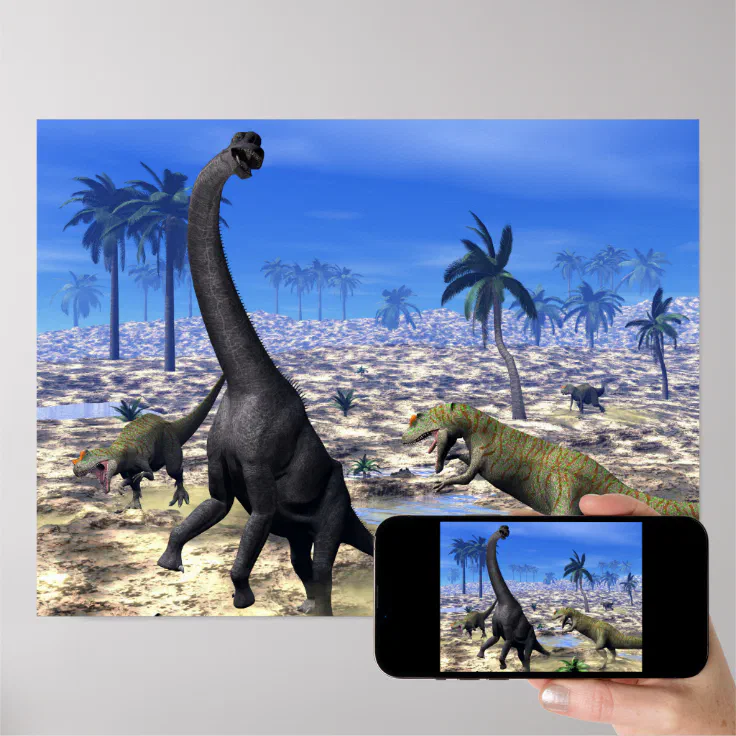 Allosaurus attacking brachiosaurus dinosaur poster | Zazzle