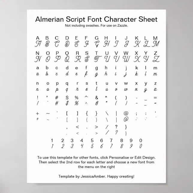 Almerian Script Font Character Sheet for Zazzle Poster | Zazzle