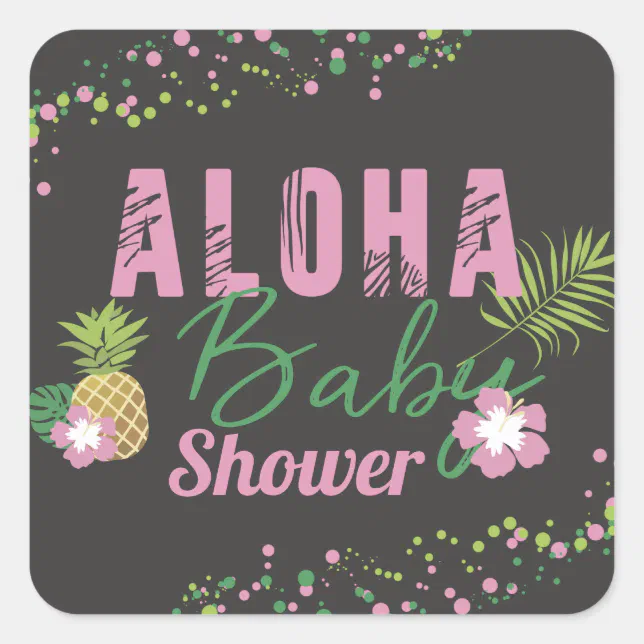 Aloha Baby Pink & Green Tropical Girl Baby Shower Square Sticker | Zazzle
