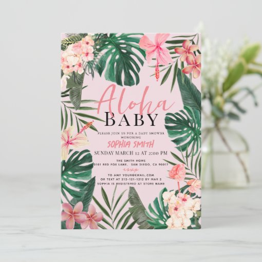 Aloha Baby Pink Tropical Floral Girl Baby Shower Invitation | Zazzle