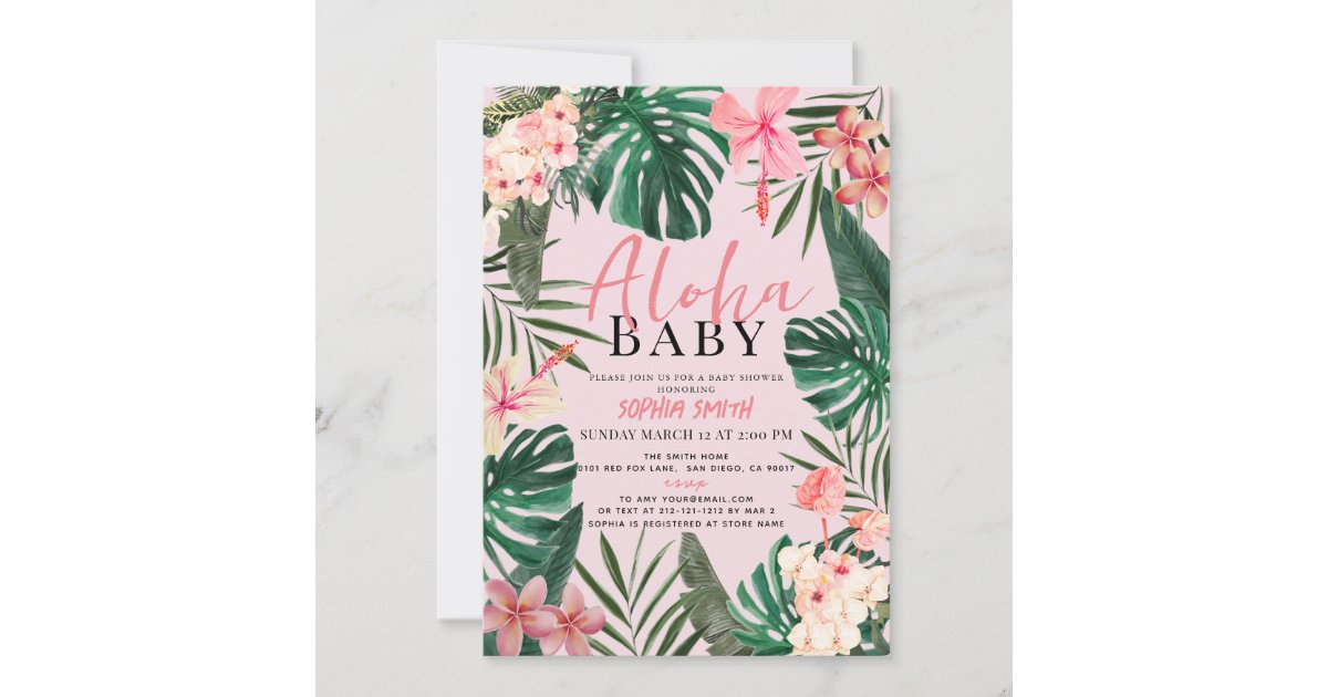 Aloha Baby Pink Tropical Floral Girl Baby Shower Invitation | Zazzle