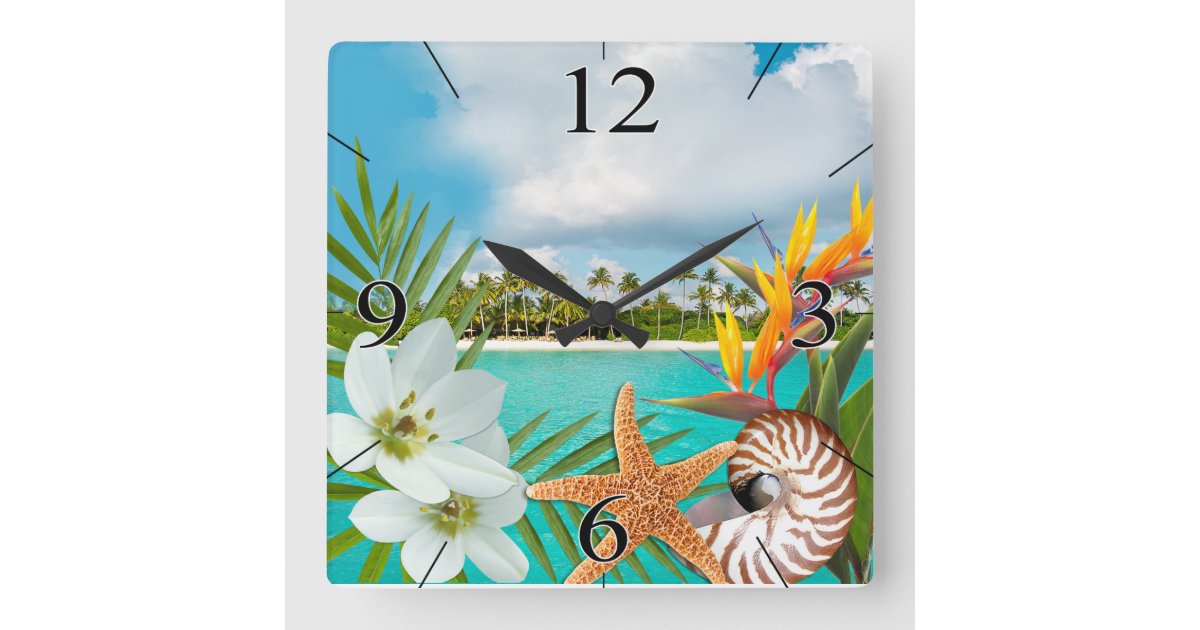 Aloha Beach Plumeria Frangipani Nautilus Square Wall Clock | Zazzle
