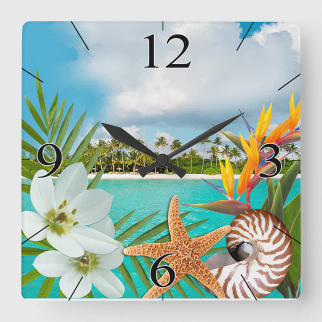 Aloha Beach Plumeria Frangipani Nautilus Square Wall Clock | Zazzle