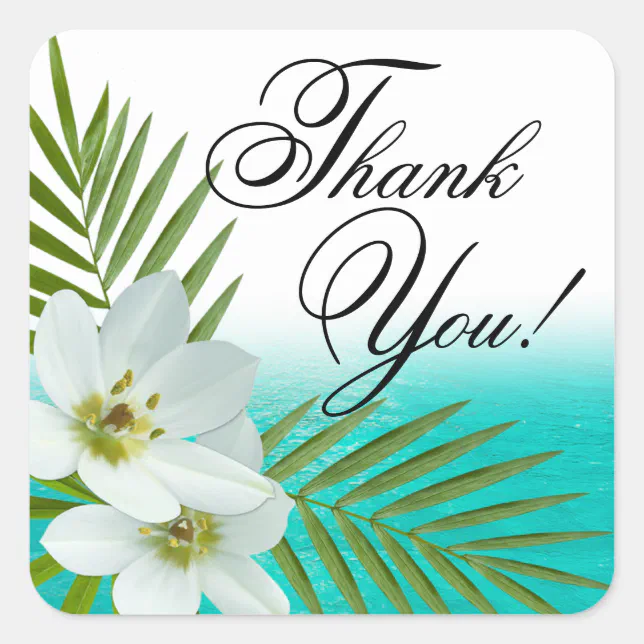 Aloha Beach Tropical Flowers Thank You Square Sticker | Zazzle