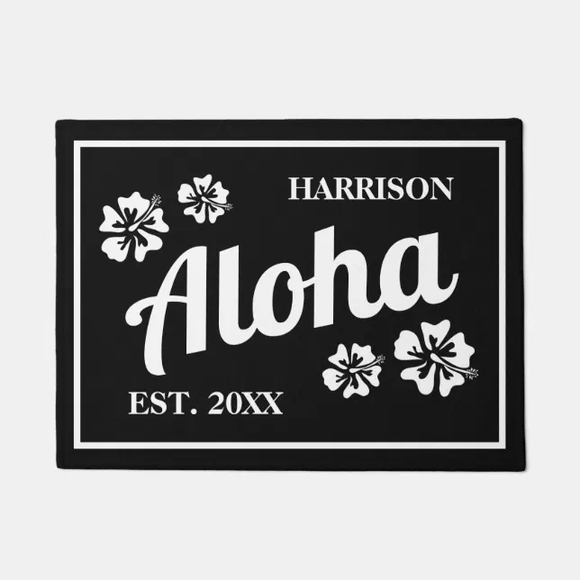 Aloha black and white Hawaiian flower door mat | Zazzle