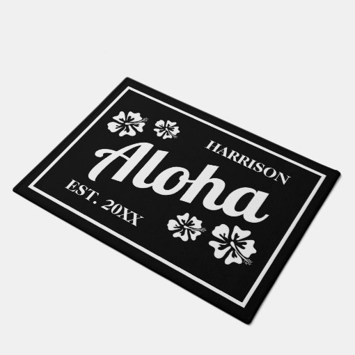 Aloha black and white Hawaiian flower door mat | Zazzle