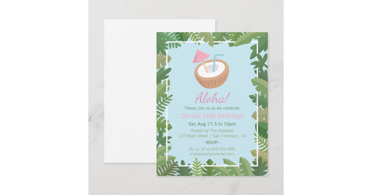 Aloha Coconut Tropical Leaves Birthday Party Invitation | Zazzle