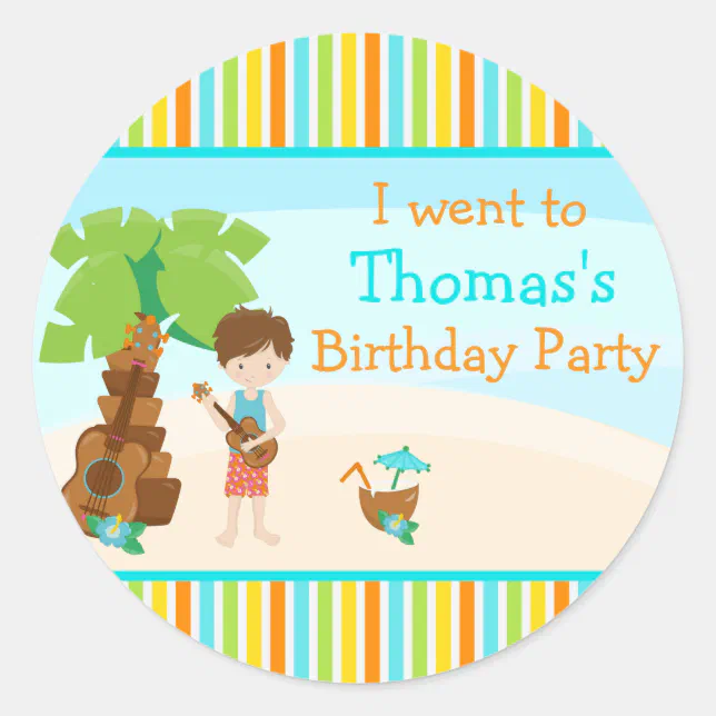 Aloha Cute Brown Hair Boy Party Classic Round Sticker | Zazzle
