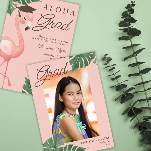 Aloha Grad Pink Flamingo Tropical Girl Graduation Invitation | Zazzle
