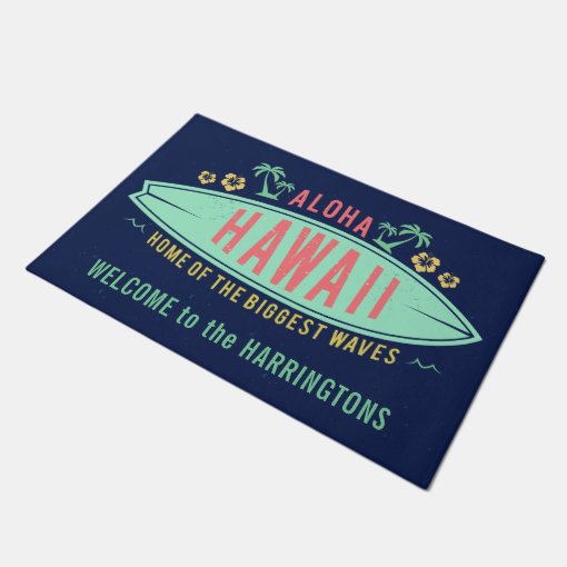 Aloha Hawaiian Surfer custom name door mat | Zazzle