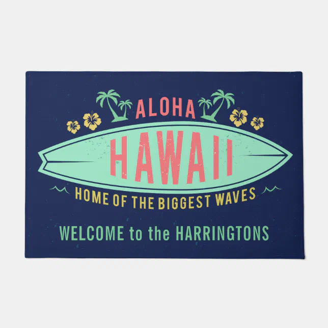 Aloha Hawaiian Surfer custom name door mat | Zazzle