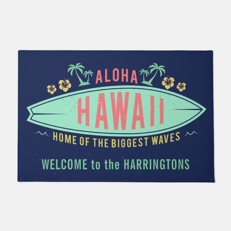 Aloha Hawaiian Surfer custom name door mat | Zazzle