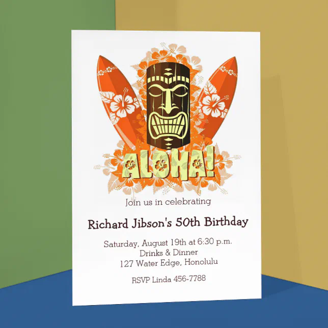 Aloha Luau Tiki Mask Beach Party Invitations | Zazzle