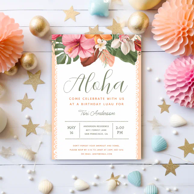 Aloha Luau Tropical Chic Birthday Party Invitation | Zazzle