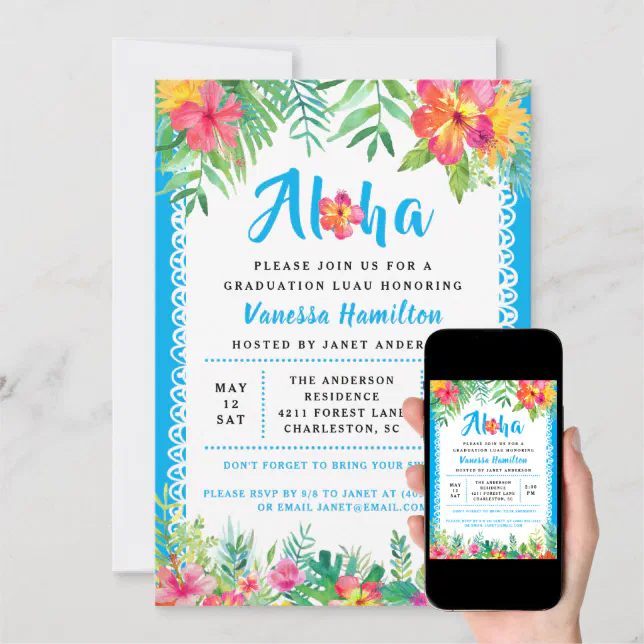 Aloha Luau Tropical Graduation Blue Invitation | Zazzle