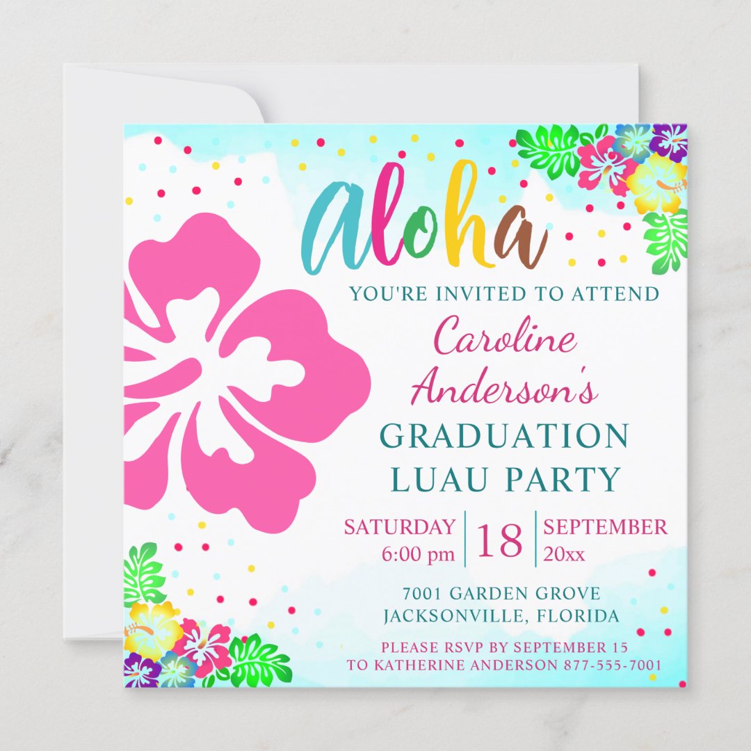 Aloha Luau Tropical Hibiscus Square Graduation Invitation | Zazzle
