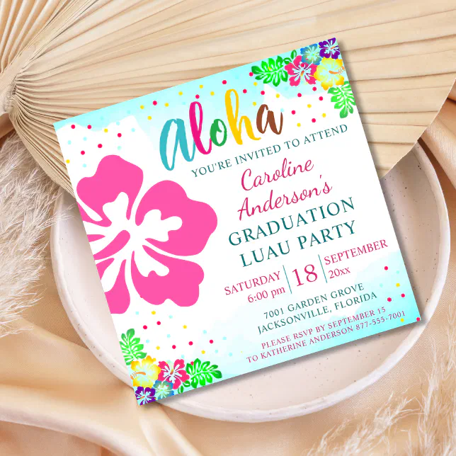 Aloha Luau Tropical Hibiscus Square Graduation Invitation | Zazzle