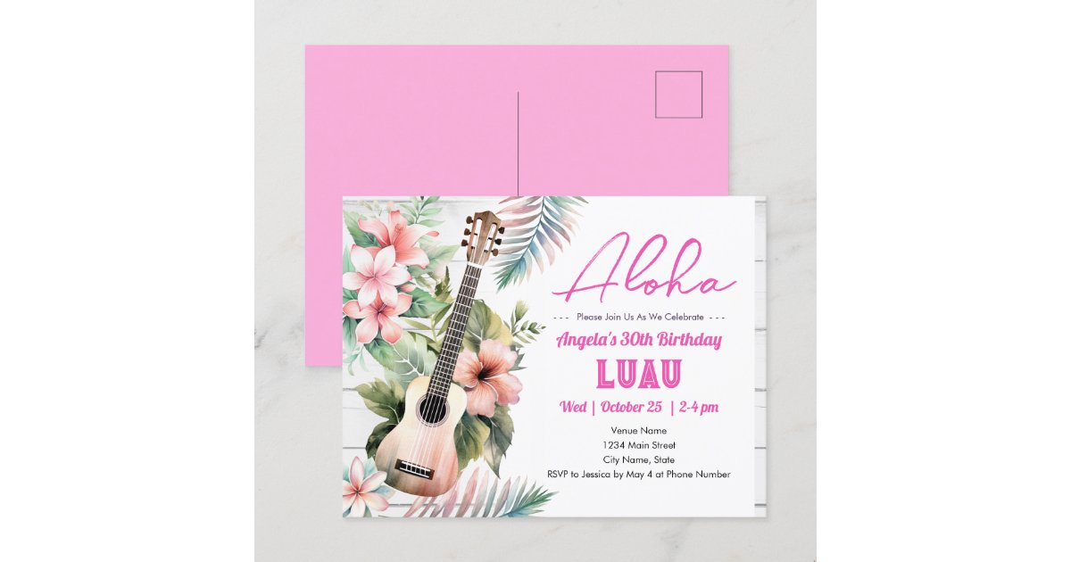 Aloha Luau ukulele Adult Birthday Postcard | Zazzle