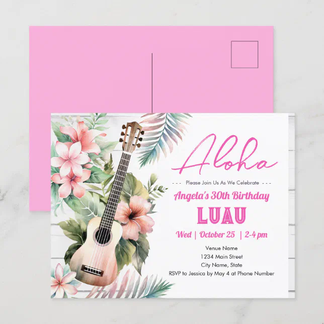 Aloha Luau ukulele Adult Birthday Postcard | Zazzle
