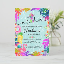 Aloha Neon Tropical Luau Pool Party Birthday Invitation | Zazzle