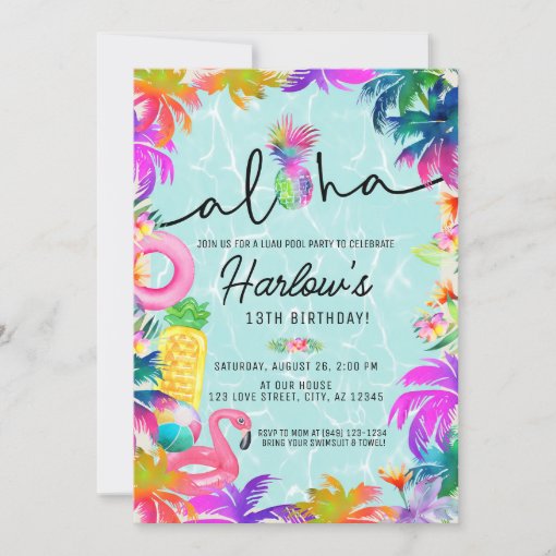 Aloha Neon Tropical Luau Pool Party Birthday Invitation | Zazzle