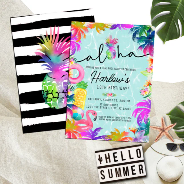 Aloha Neon Tropical Luau Pool Party Birthday Invitation | Zazzle