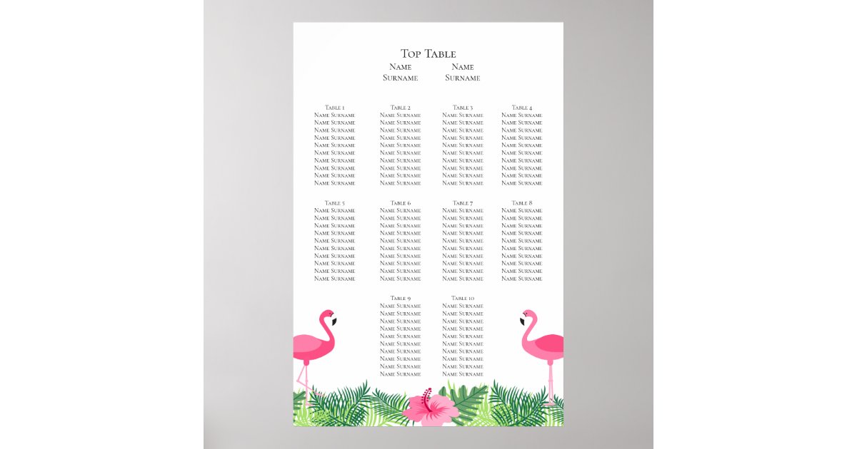 Aloha Pink Flamingo Tropical Wedding Seating Plan Poster | Zazzle