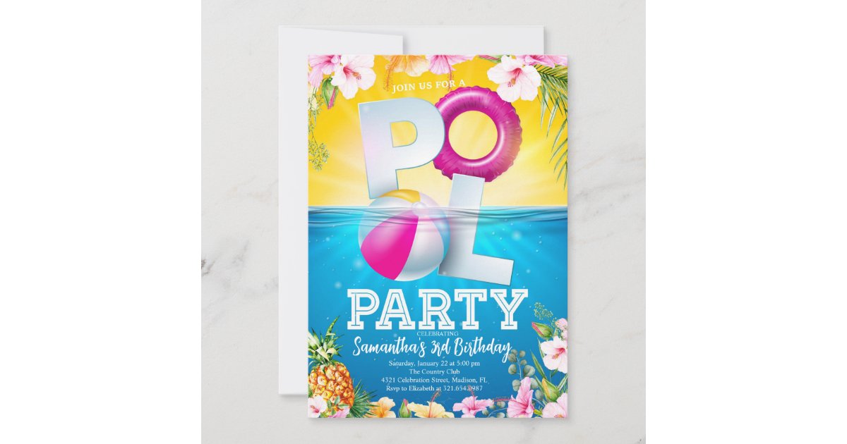 Aloha Pool Party Floral Birthday Invitation | Zazzle
