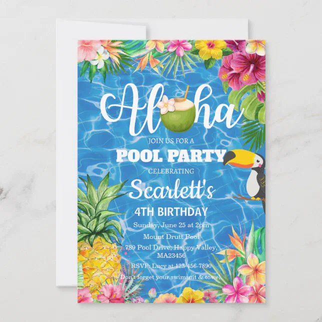 Aloha pool party Hawaiian birthday invitation | Zazzle