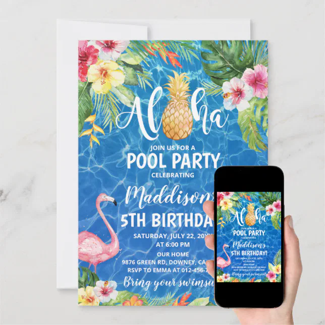 Aloha Pool Party Tropical Pineapple Birthday Invitation | Zazzle