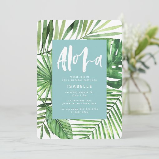 Aloha teal tropical palm leaf & script birthday save the date | Zazzle