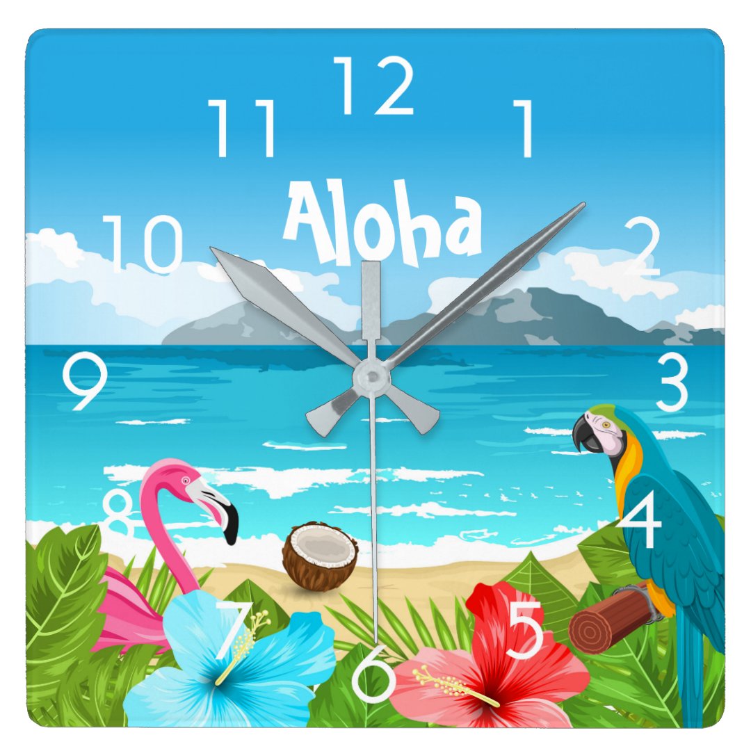 Aloha tropical beach flamingo florals square wall clock | Zazzle